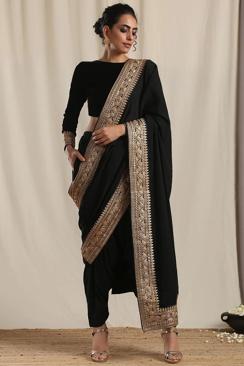 Shop Wide Range Black Velvet Zari Embroidered Saree|SARV143888
