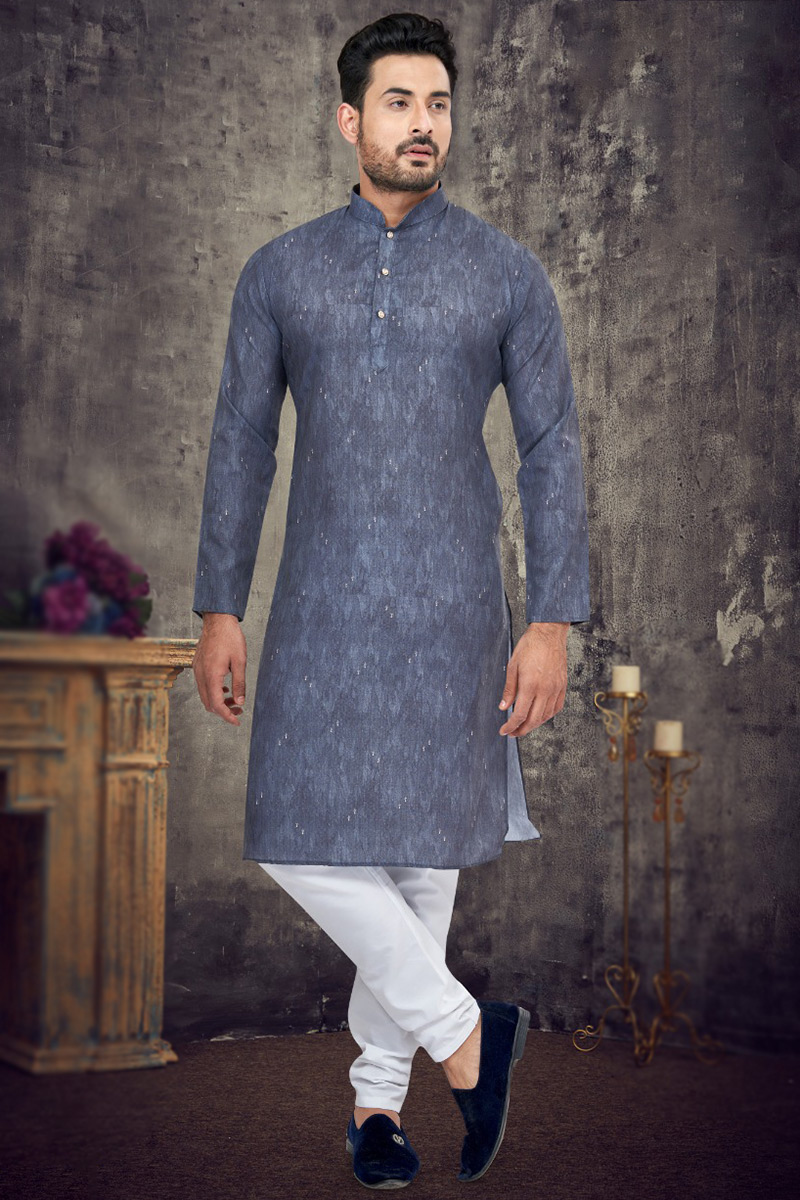 Bluish Grey Cotton Men's Printed Churidar Kurta MKPA02498