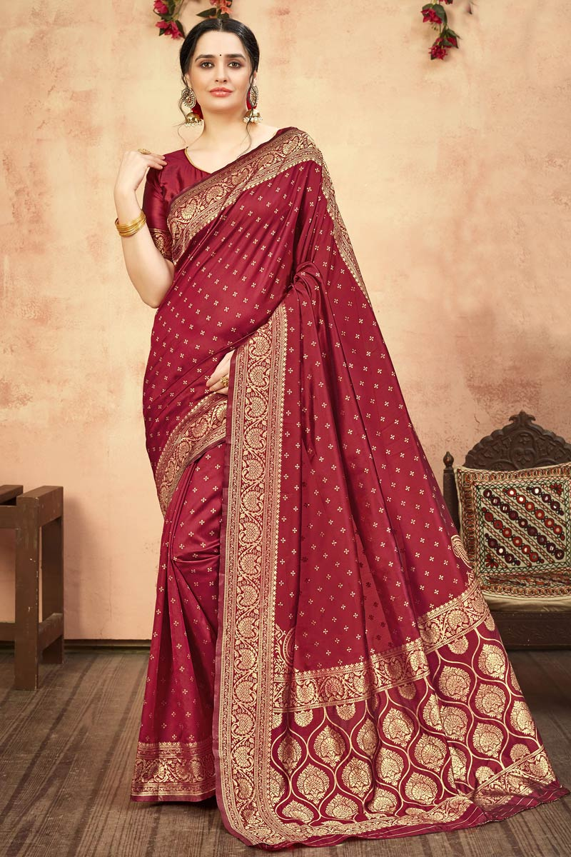Cherry Red Silk Woven Zari Embroidered Saree|SARV09494