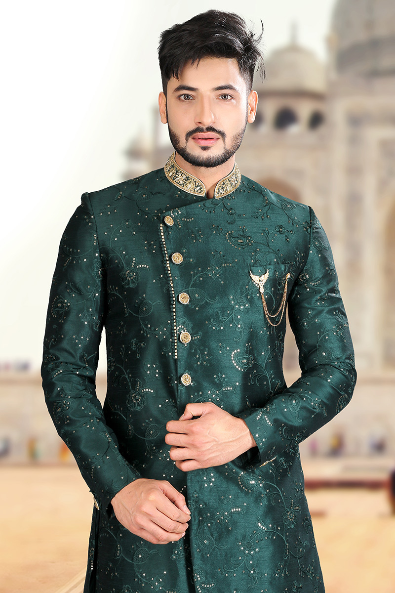 Festival Attire Dark Green Art Silk Embroidered Men Sherwani MSTV02283