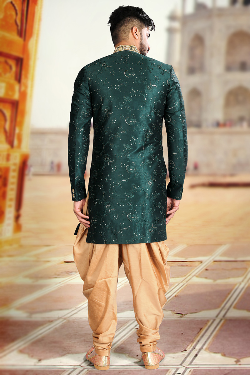 Festival Attire Dark Green Art Silk Embroidered Men Sherwani MSTV02283