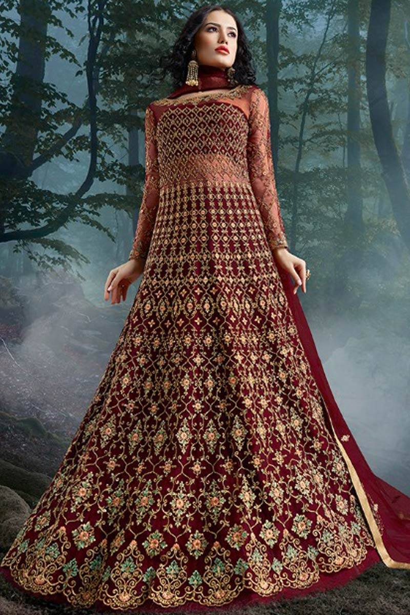 Wedding Collection Anarkali Suit in Dark Maroon Embroidered Fabric ...