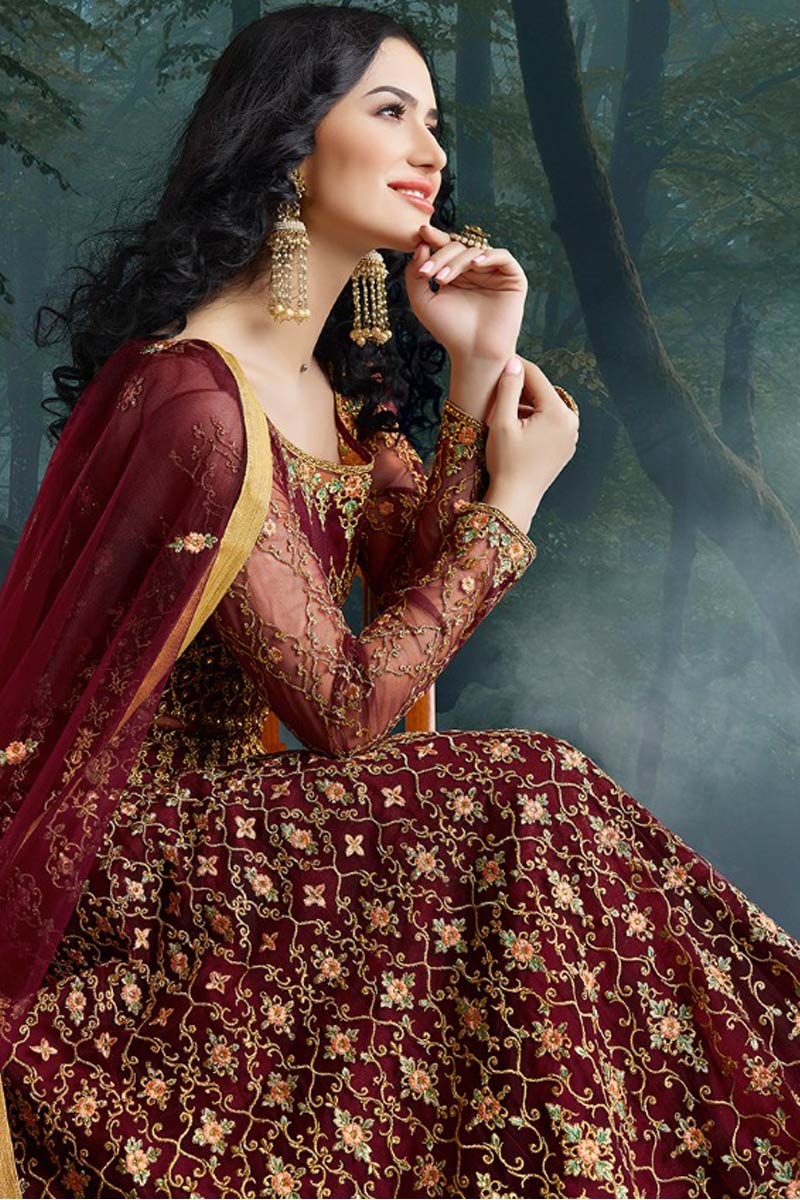 Wedding Collection Anarkali Suit in Dark Maroon Embroidered Fabric ...