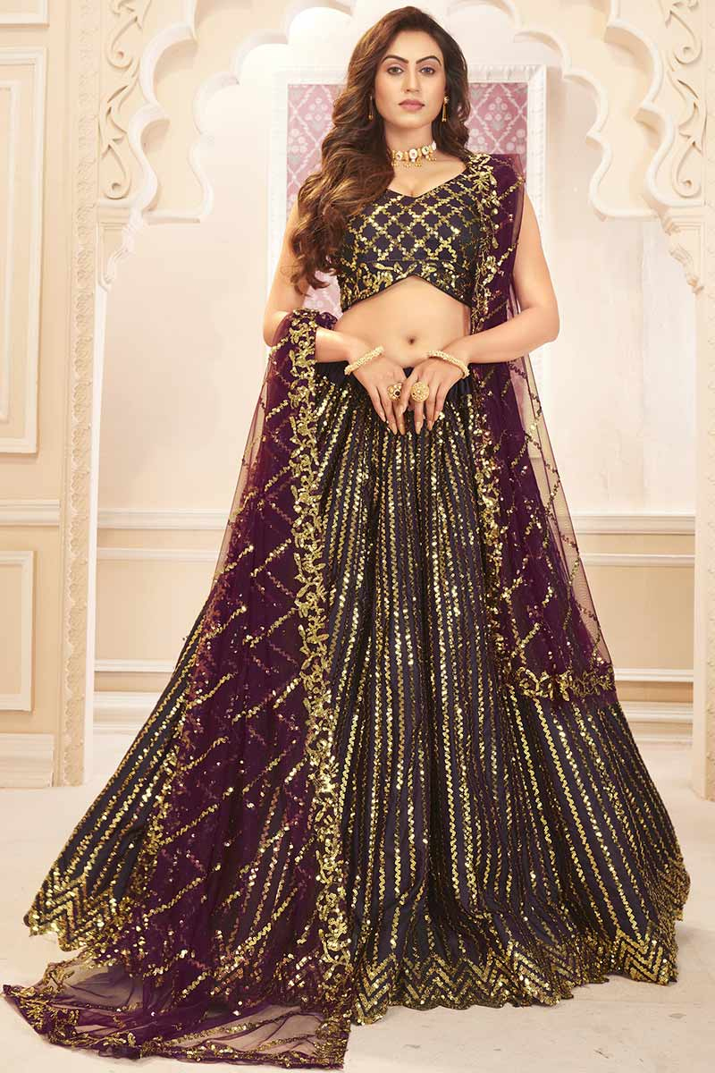 Buy Prom Dress Satin Silk Dark Purple Lehenga LLCV09199
