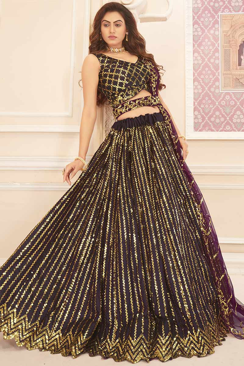 Buy Prom Dress Satin Silk Dark Purple Lehenga LLCV09199