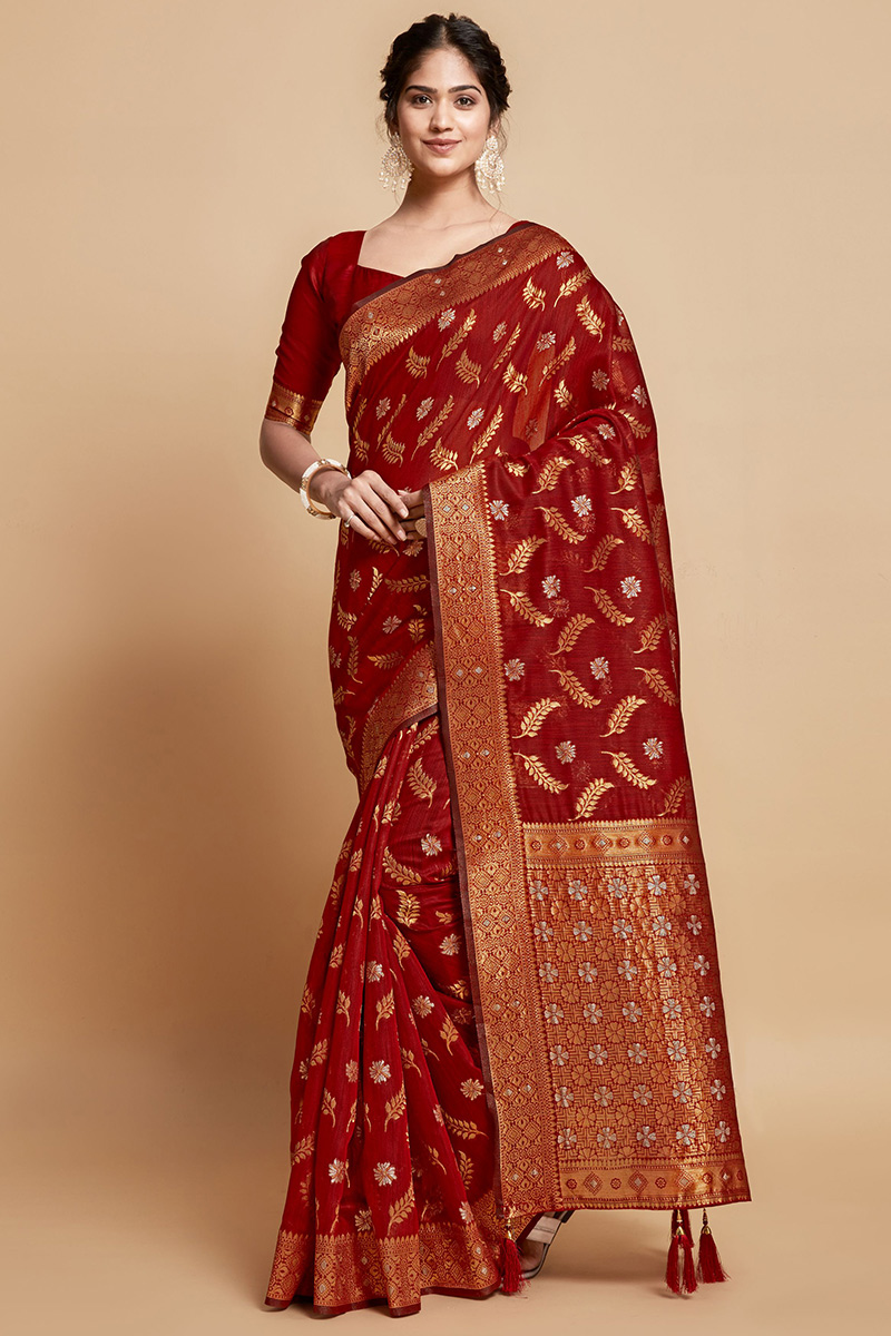 Deep Red Linen Woven Zari Saree|SARV147446