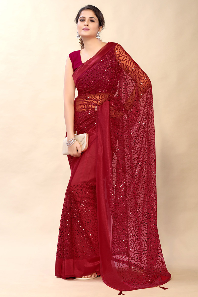 Clothing Fashion Deep Red Net Embroidered Saree|SARV119286
