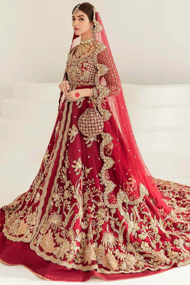 Deep Red Silk Embroidered Bridal Wear Trail Cut Lehenga LLCV114417