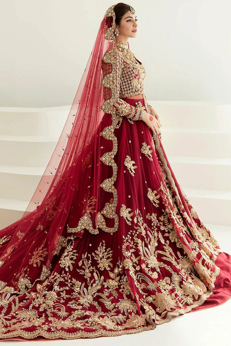 Deep Red Silk Embroidered Bridal Wear Trail Cut Lehenga LLCV114417