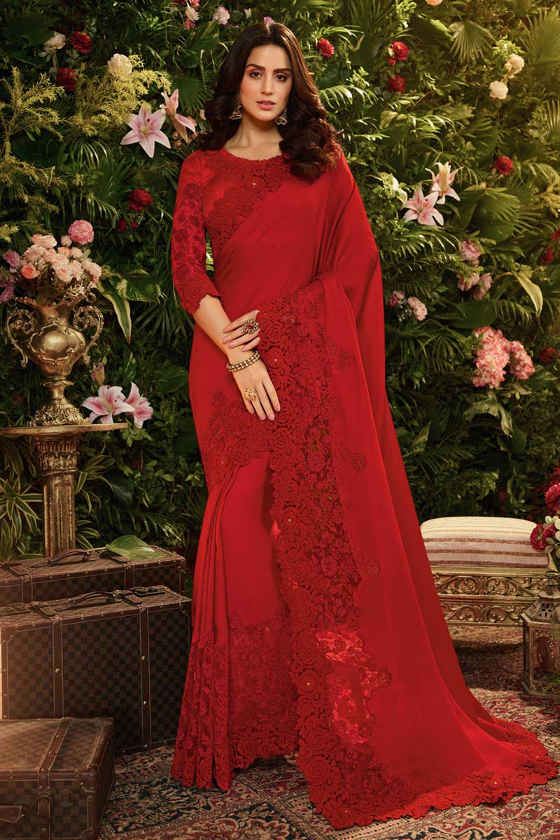 Buy Deep Red Silk Saree With Raw Silk Blouse Online - SARV02781 ...