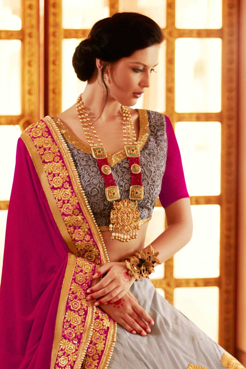 Party wear saree, Grey net asian festival sari, Round neck blouse