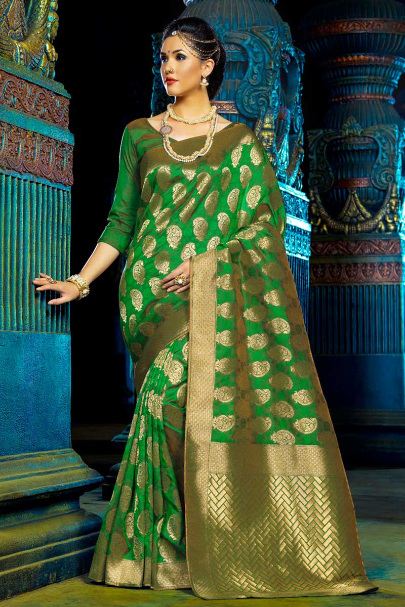 Polyester Saree With Polyester U Neck Blouse In Green Color - Dmv15191