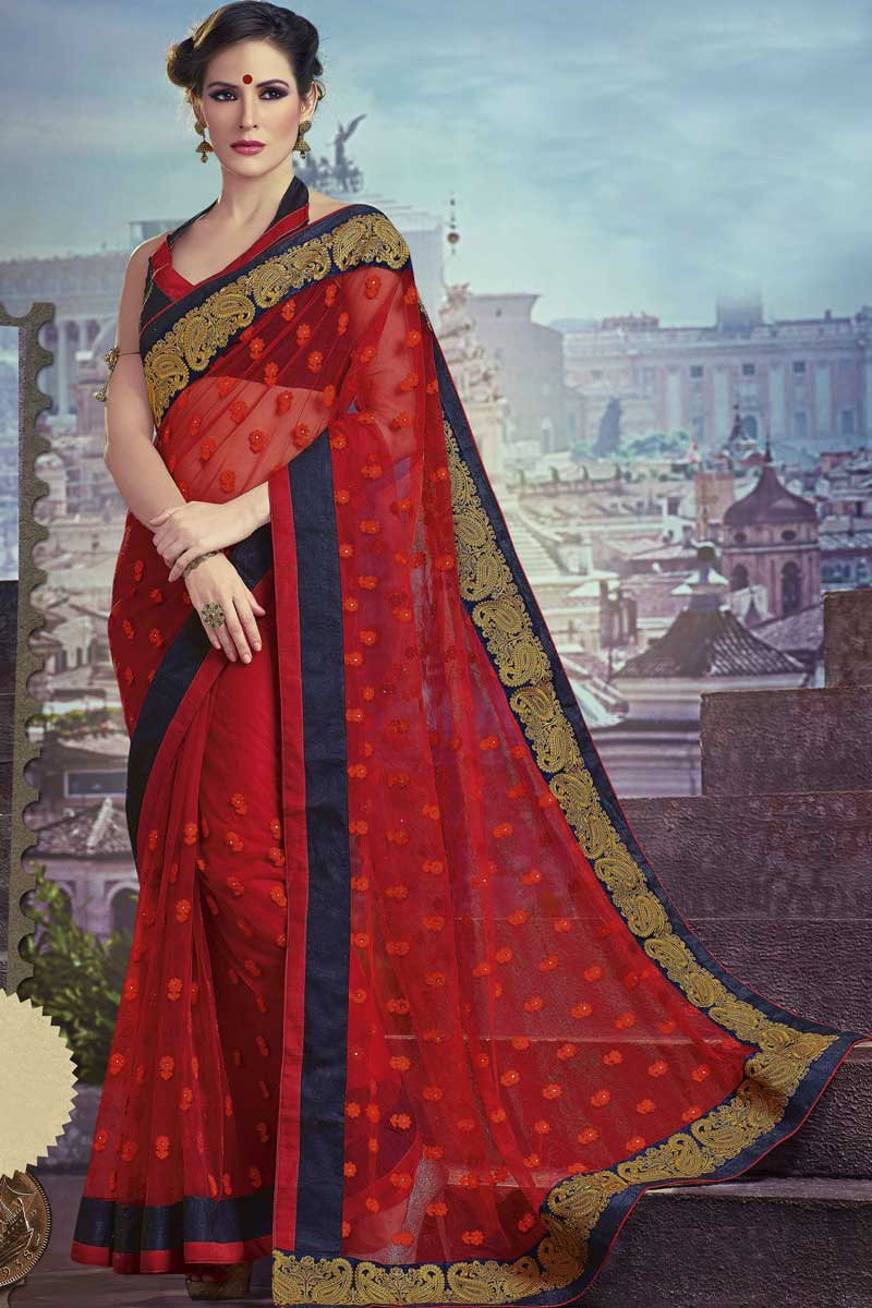 Party wear saree, Maroon net diwali saree, halter neck blouse