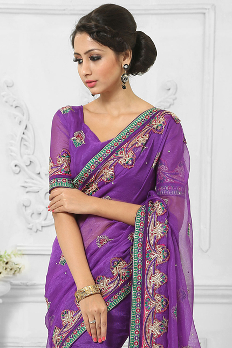 Best seller saree, Purple net saree for diwali, V neck blouse