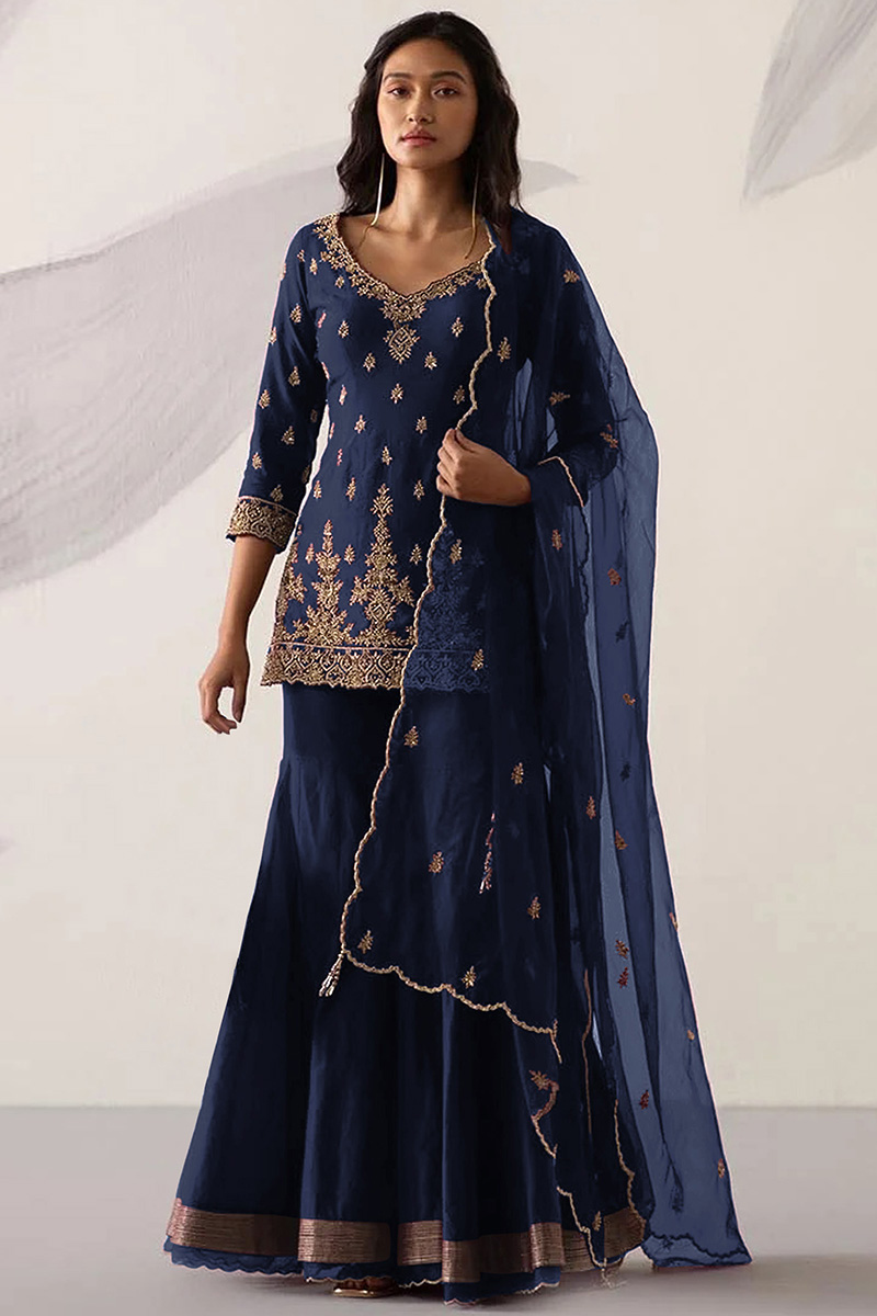 Embroidered Georgette Navy Blue Sharara Suit LSTV118448