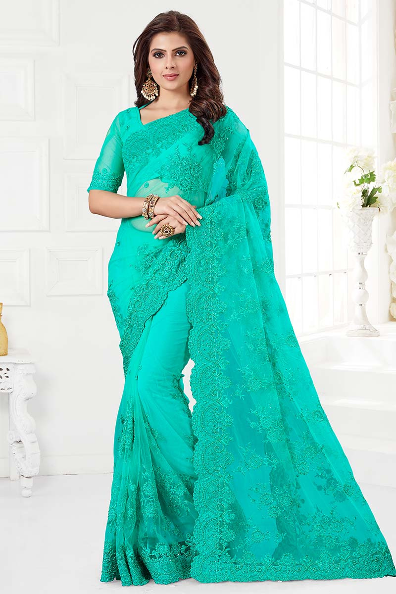 Buy Embroidered Turquoise Blue Net Saree With Net Blouse Online ...