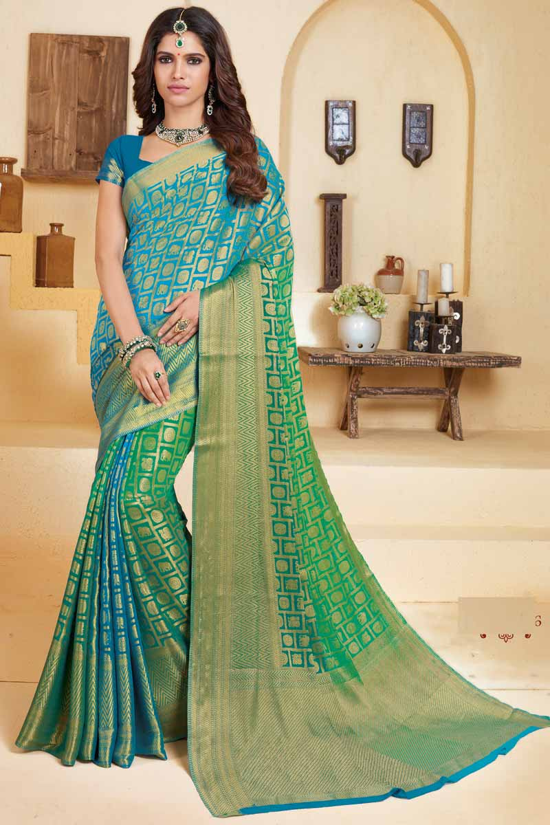 Buy Firozi Green Chiffon Saree With Cotton Blouse Online - SARV02206 ...