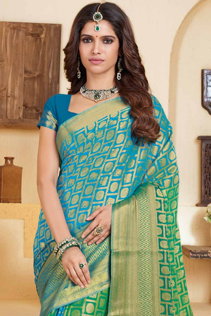 Buy Firozi Green Chiffon Saree With Cotton Blouse Online - SARV02206 ...