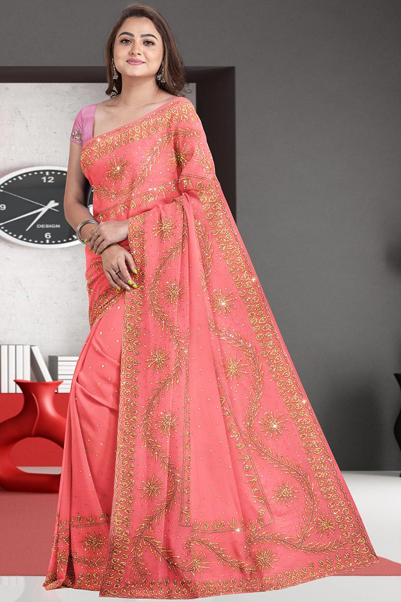 Buy Georgette Saree In Coral Pink Color Online - SARV08814 | Andaaz Fashion