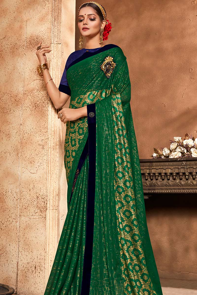 Women Fashion Clothes Emerald Green Chiffon Saree|SARV115195