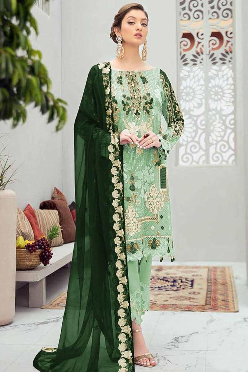 Wedding Boutique Eid Special Mint Green Net Straight Cut Trouser Suit ...