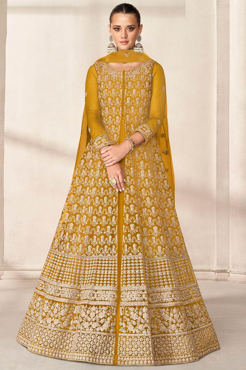 Trendy Anarkali Suit in Mustard Yellow With Embroidered Jacket LSTV118395