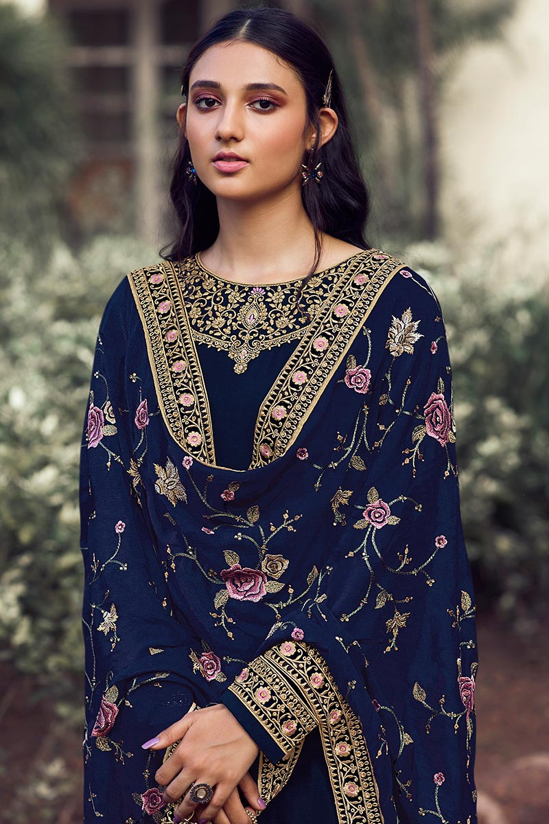 Stylish Navy Blue Embroidered Palazzo Suit LSTV09553