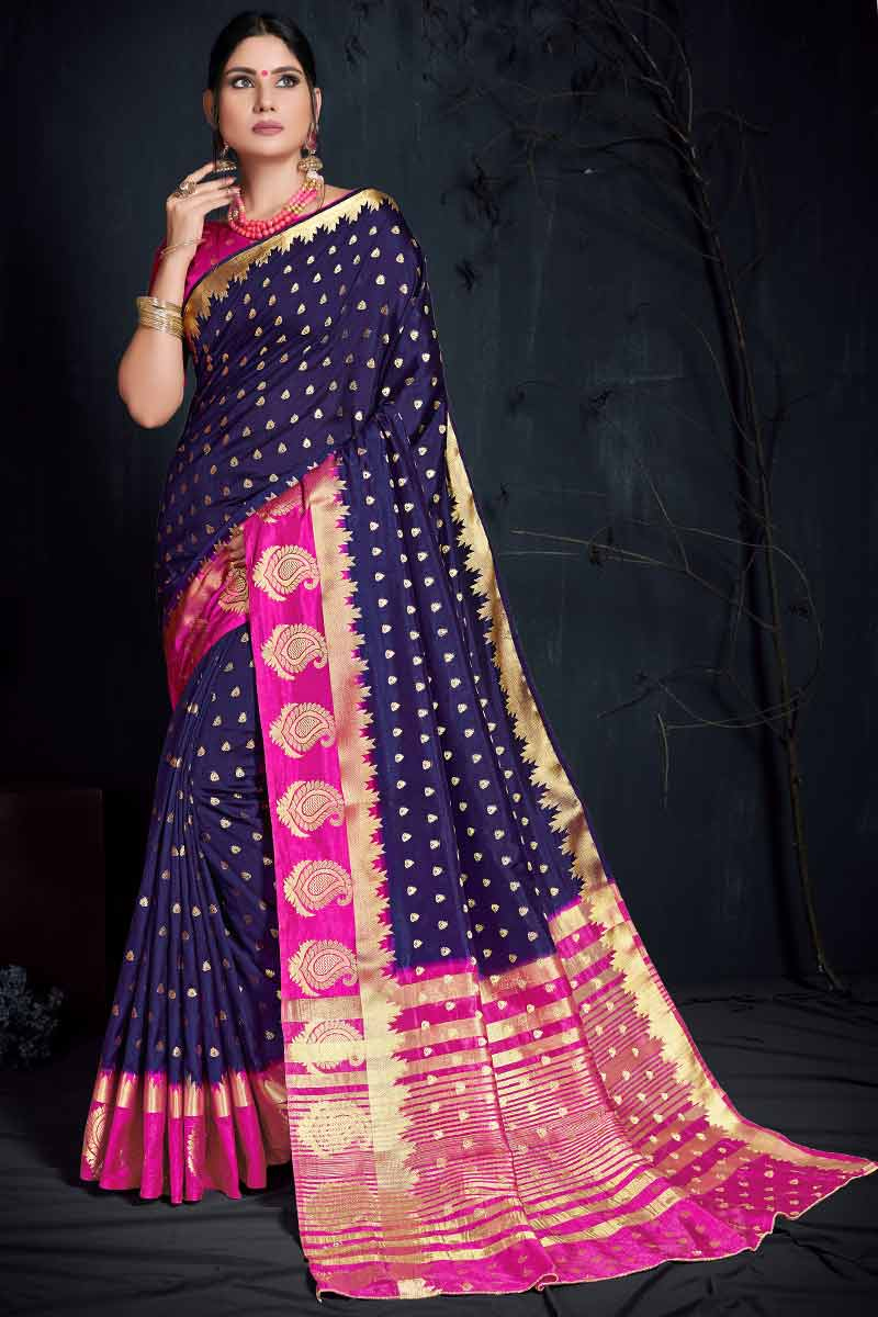Buy Navy Blue Nylon Silk Saree With Nylon Silk Blouse Online ...