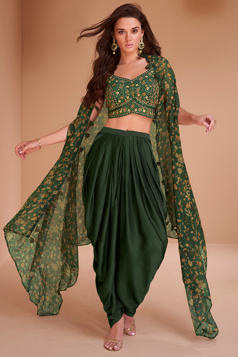 Olive Green Satin Indo Western Dhoti Pants with Top And Shrug LSTV125791