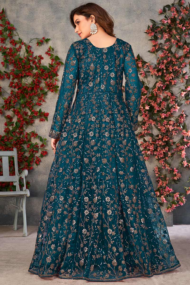 Buy Peacock Blue Net Embroidered Eid Anarkali Suit LSTV118252