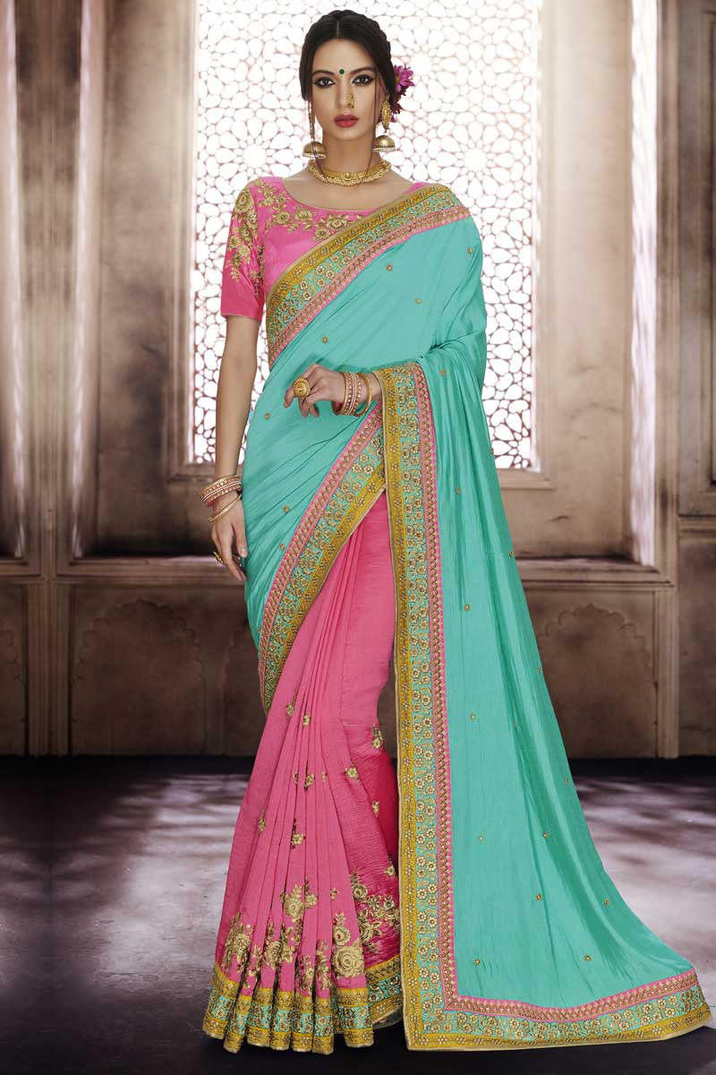 Buy Ferozi Color Satin Silk Saree With Pink Blouse Online - SARV0276 ...