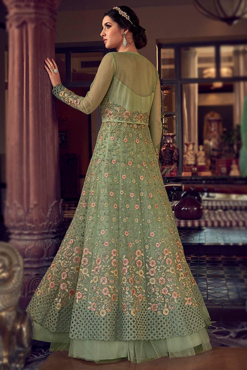 Buy Pistachio Green Net Long Choli Lehenga LLCV112233