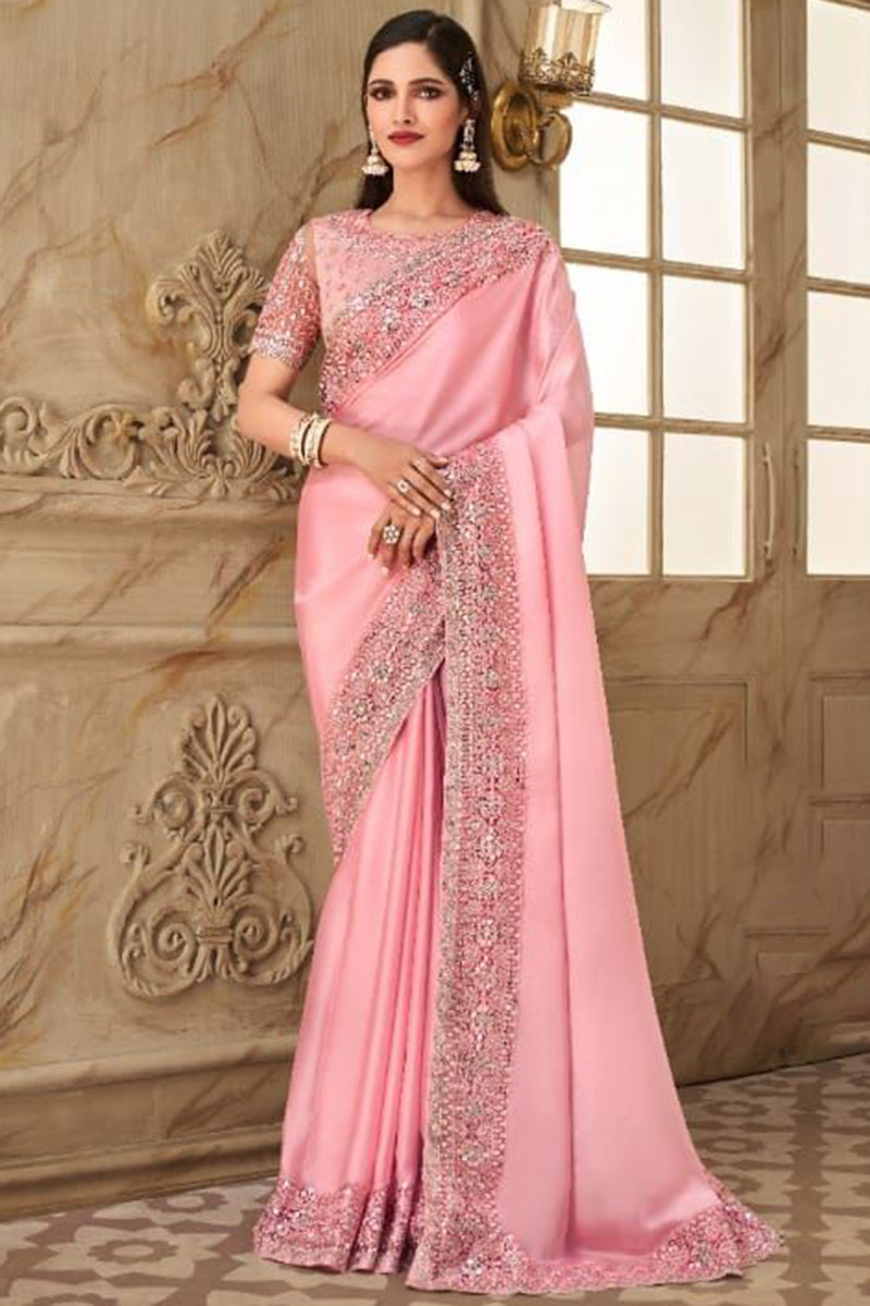Cheap Fashion Plain Silk Pastel Pink Saree|SARV125614