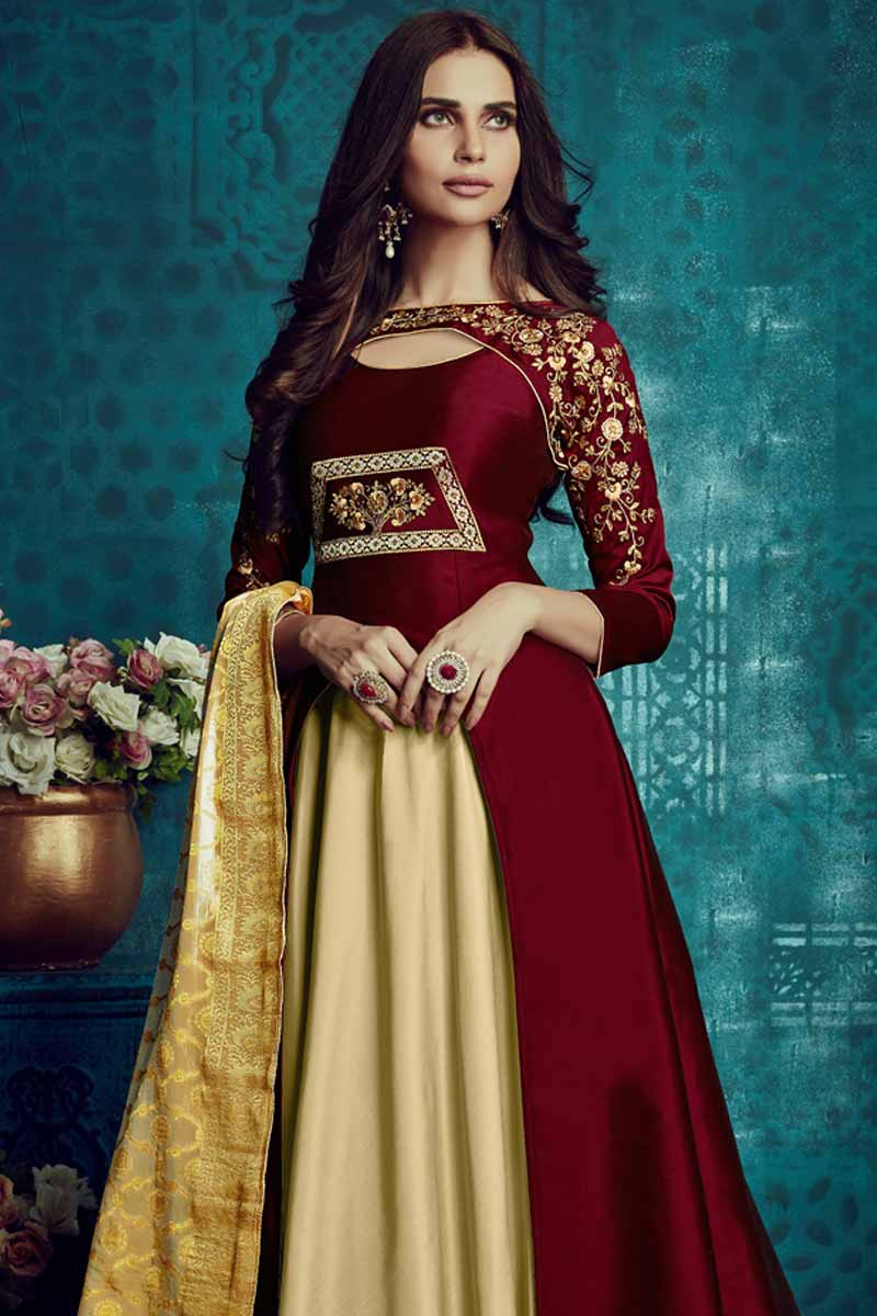 Buy Red Silk Embroidered Anarkali With Skirt Online - LSTV01518 ...
