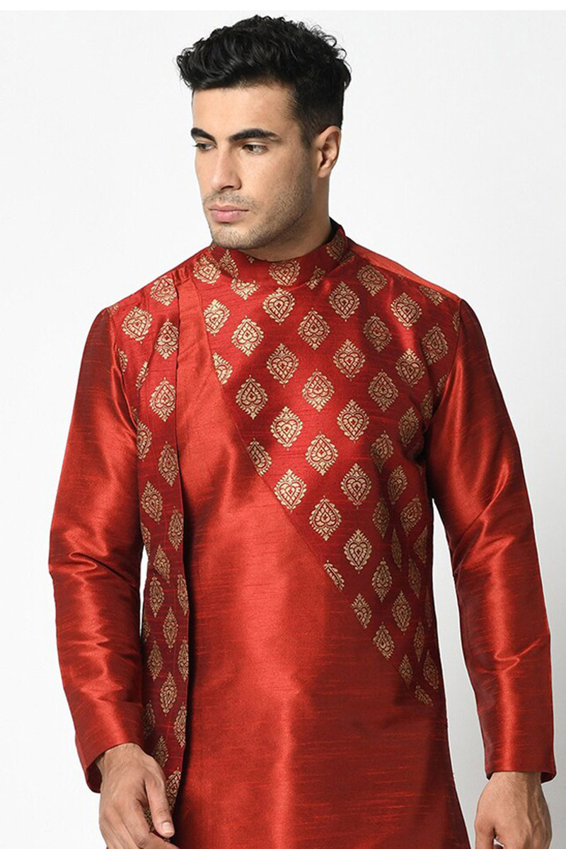 Clothing Fashion woven Zari Red Men Kurta With Dhoti MKPA0743
