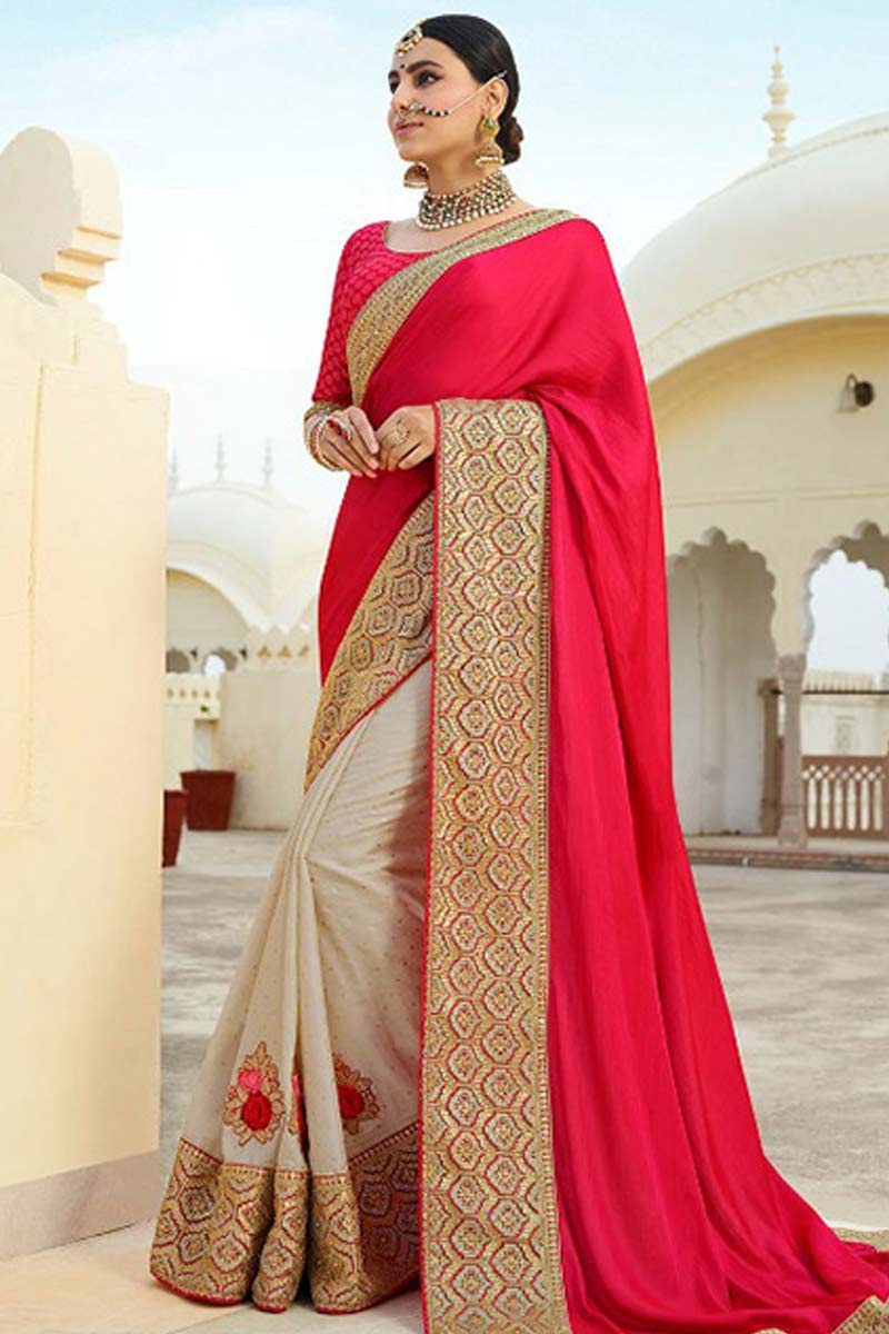 Exclusive saree, Red with White silk diwali sarees, asymmetrical neck