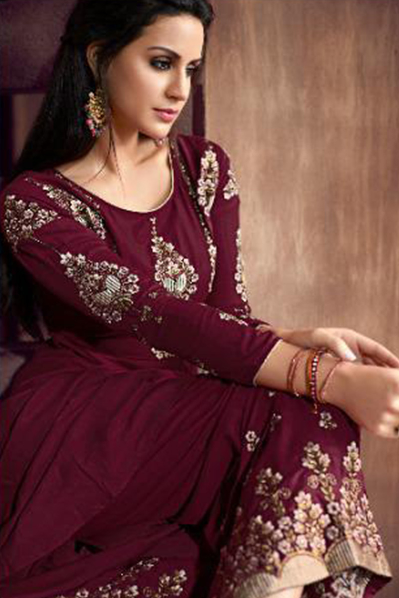 Modest Wear Thread Work Embroidered Deep Red Trouser Suit LSTV110979