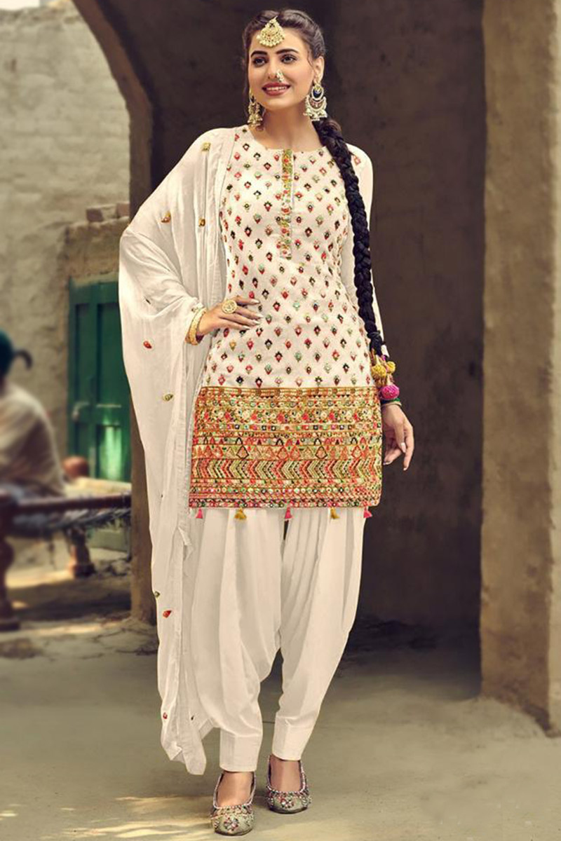 Thread Work Embroidered White Patiala Suit LSTV110348