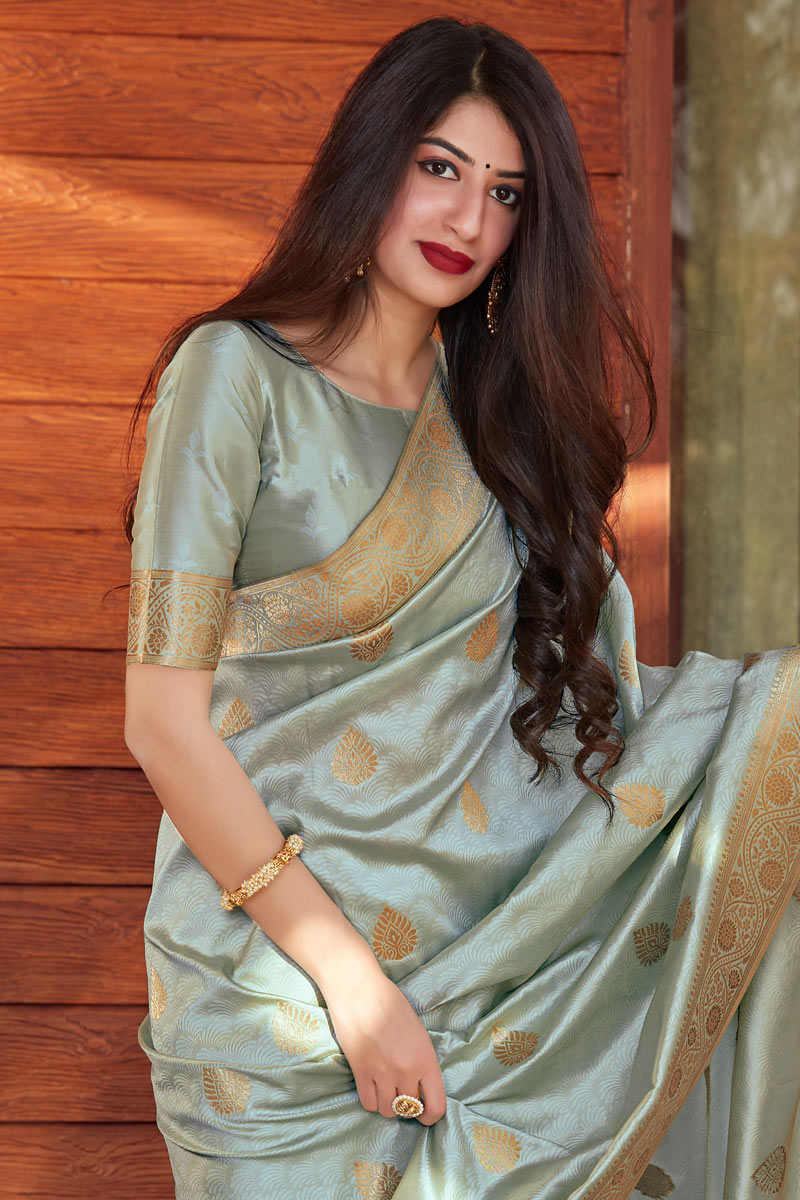 Woven Zari Satin Silk Light Grey Saree|SARV09467
