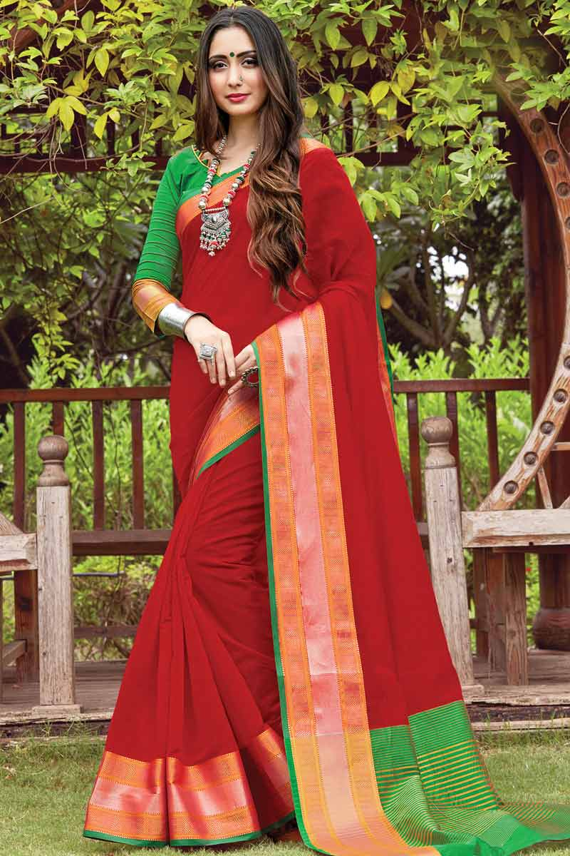 Woven Zari Cotton Cherry Red Festival Wear Saree|SARV115447