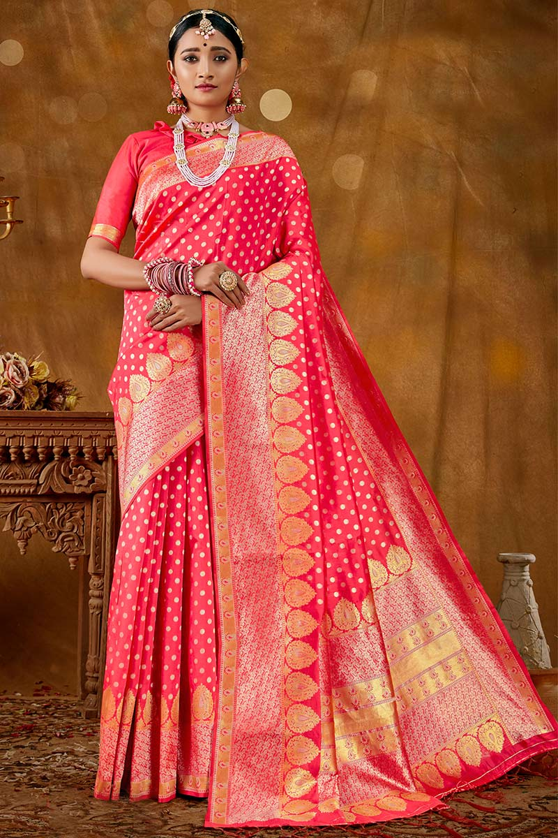 Shop Woven Zari Silk Tomato Red Saree|SARV113007