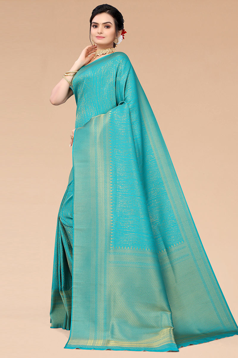 Online Shopping Woven Zari Silk Turquoise Blue Saree|SARV138362