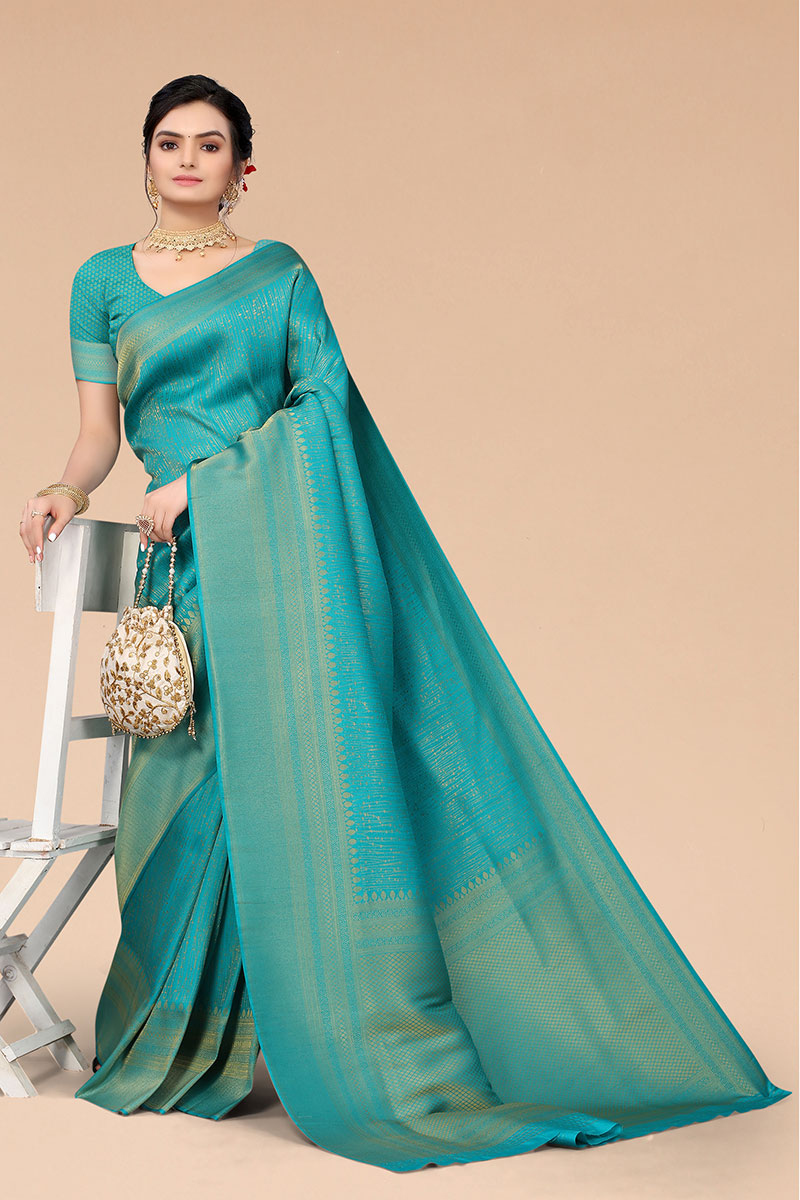 Online Shopping Woven Zari Silk Turquoise Blue Saree|SARV138362