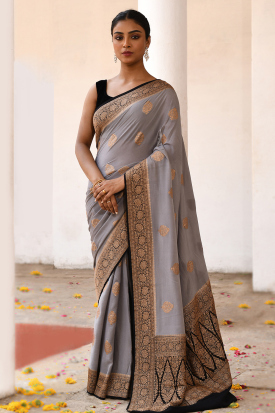 Ash Grey Soft Silk Broad Border Saree With Woven Zari Work - SARV197983