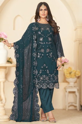 Dusty Blue Georgette Embroidered Straight Cut Suit LSTV127672