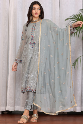 Dusty Blue Georgette Embroidered Straight Cut Trouser Suit LSTV128892