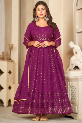 Georgette Magenta Pink Sequins Embroidered Anarkali Suit LSTV127878