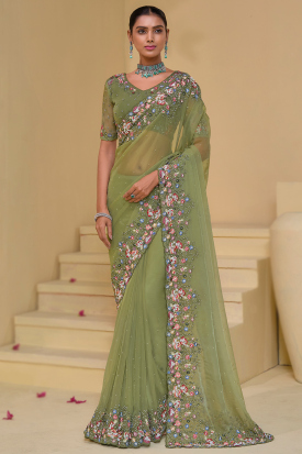 Sage Green Beads Embroidered Organza Saree For Mehndi SARV183202