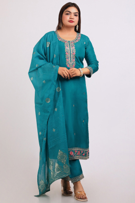 Silk Embroidered Turquoise Blue Straight Cut Trouser Suit LSTV130065