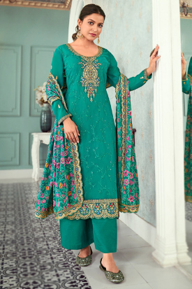 Turquoise Green Georgette Embroidered Straight Cut Suit LSTV130125